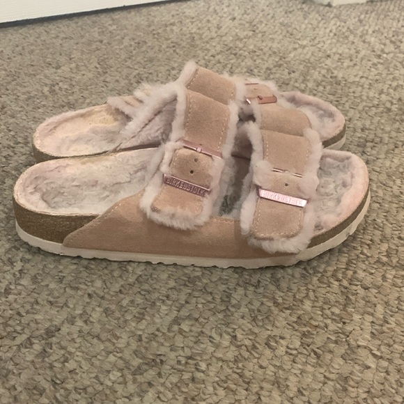 Birkenstock | Shoes | Birkenstock Pink Suede Sheepskin Arizona Strappy ...